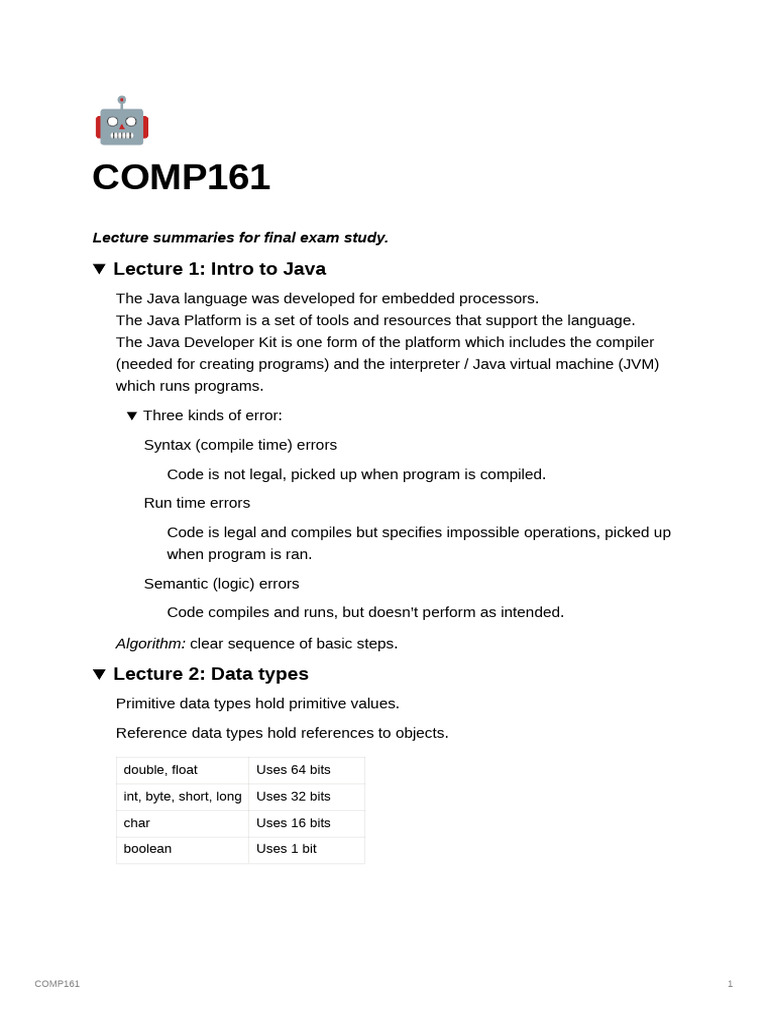 COMP161 Lecture Notes | PDF