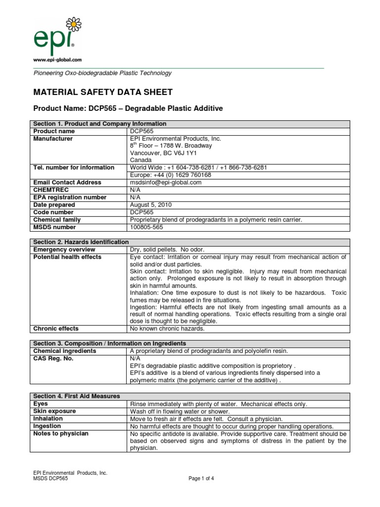 MATERIAL SAFETY DATA SHEET EPI Degradable Plastic Additive | Carbon ...