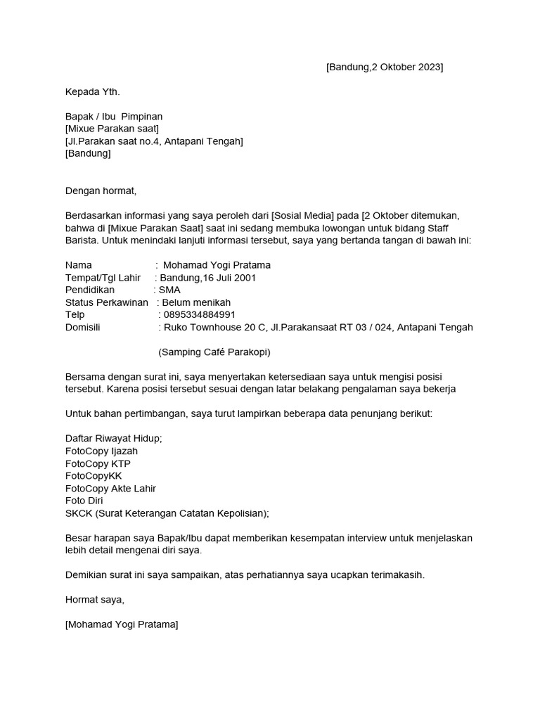 Surat Lamaran Yogi (2) Mixue Parakan Saat | PDF