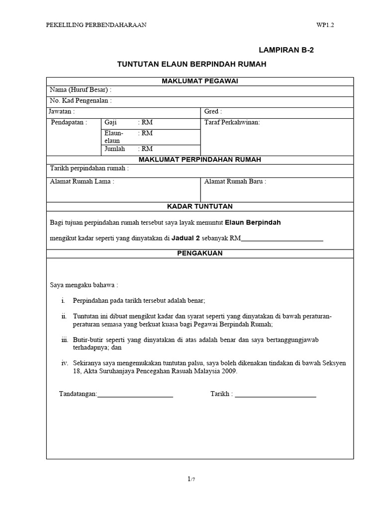 Borang Tuntutan Pindah Rumah Sendiri Lampiran B2 | PDF