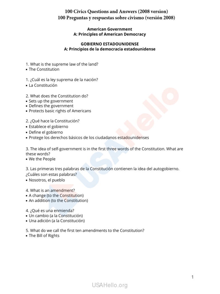 Spanish English 100 Civics Test Questions 1 | PDF | Padres Fundadores ...