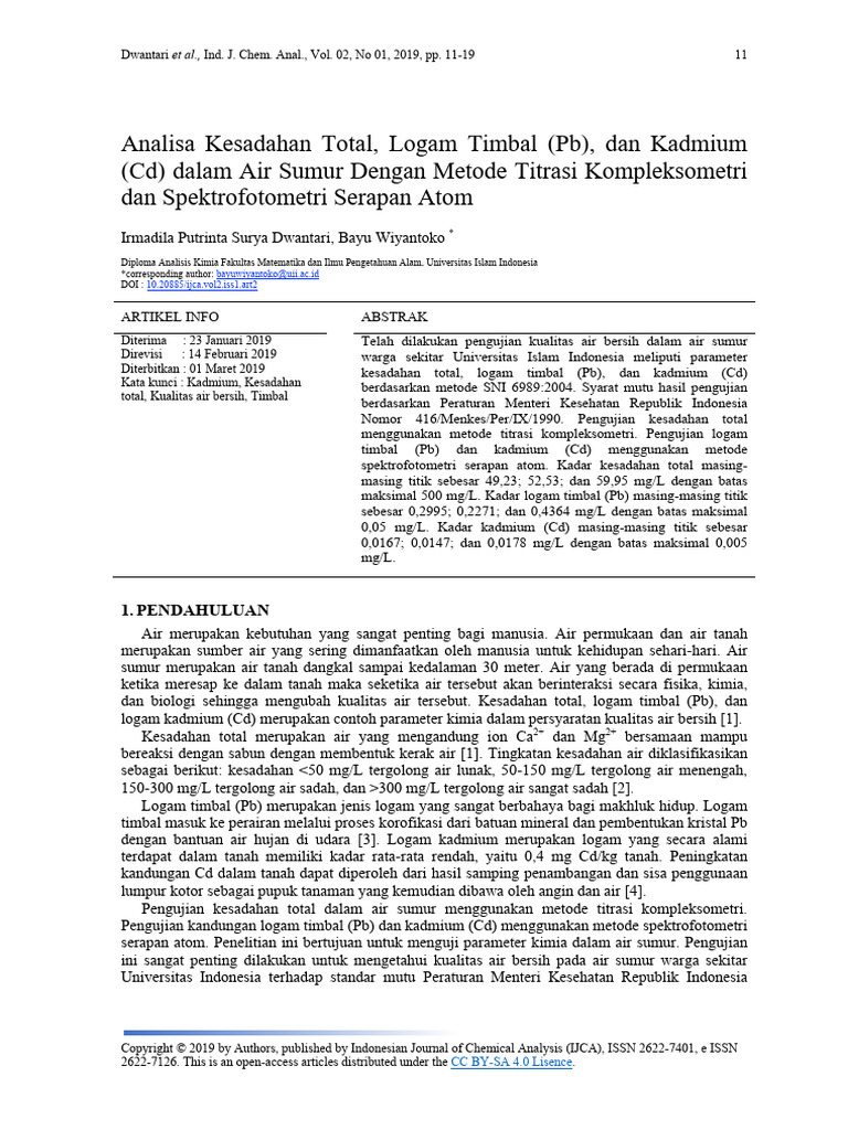 Analisa Kesadahan Total, Logam Timbal (PB), Dan Kadmium (CD) Dalam Air ...