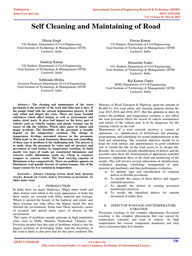 Self Cleaning and Maintaining of Road IJERTV11IS030148 | PDF | Road ...