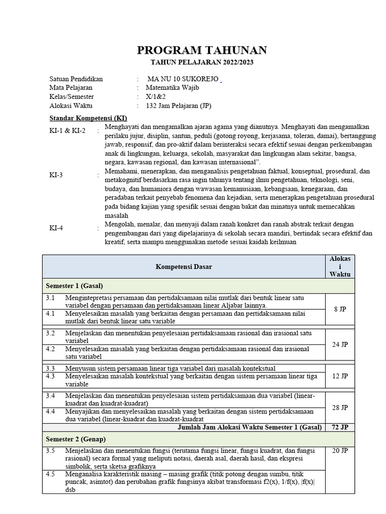 Prota X Matematika Wajib | PDF