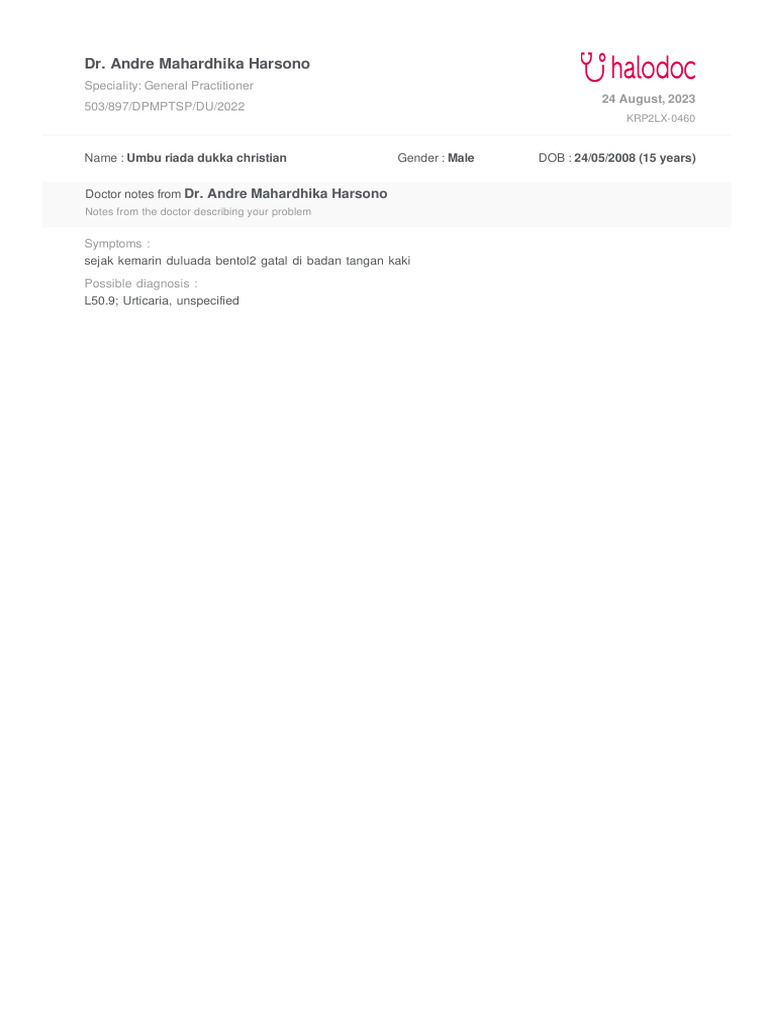 Doctor's Notes on Urticaria Diagnosis | PDF