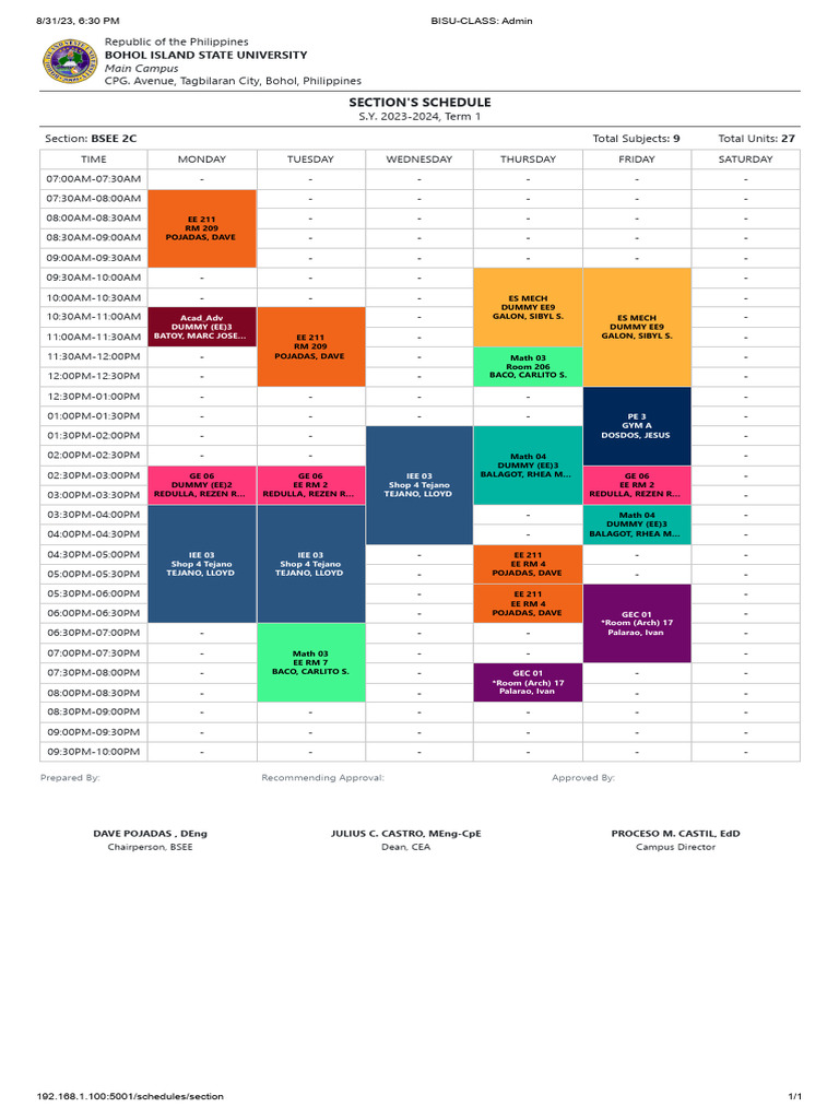 BSEE 2C Schedule S.Y. 2023-2024 | PDF