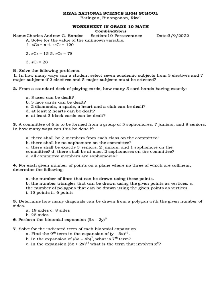 Worksheet in Combinations | PDF