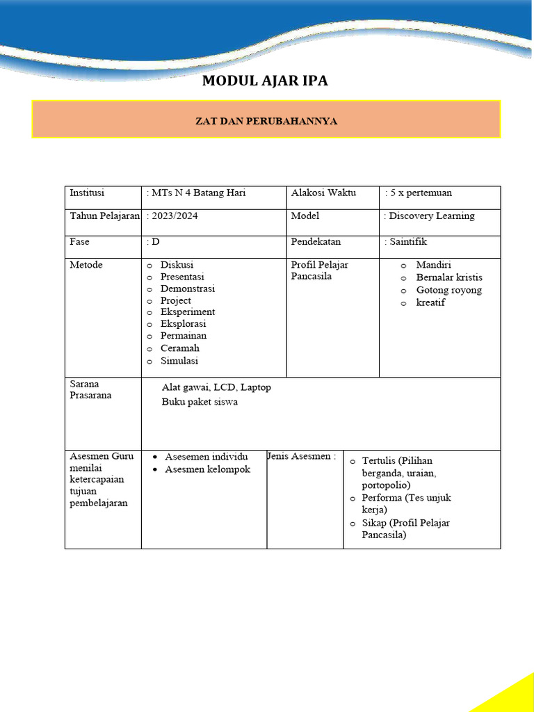 Modul Ajar IPA - Zat Dan Perubahannya - Fase D | PDF