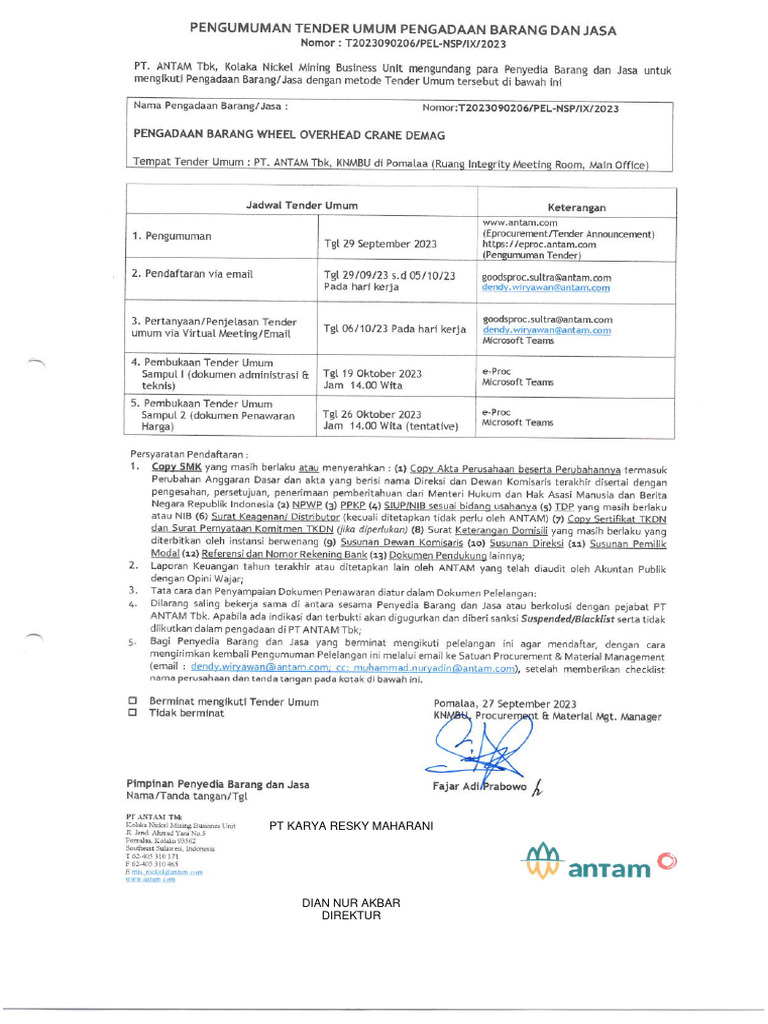 Pengumuman & Dokumen Tender Umum 2 Sampul Tender Umum Pengadaan Wheel ...