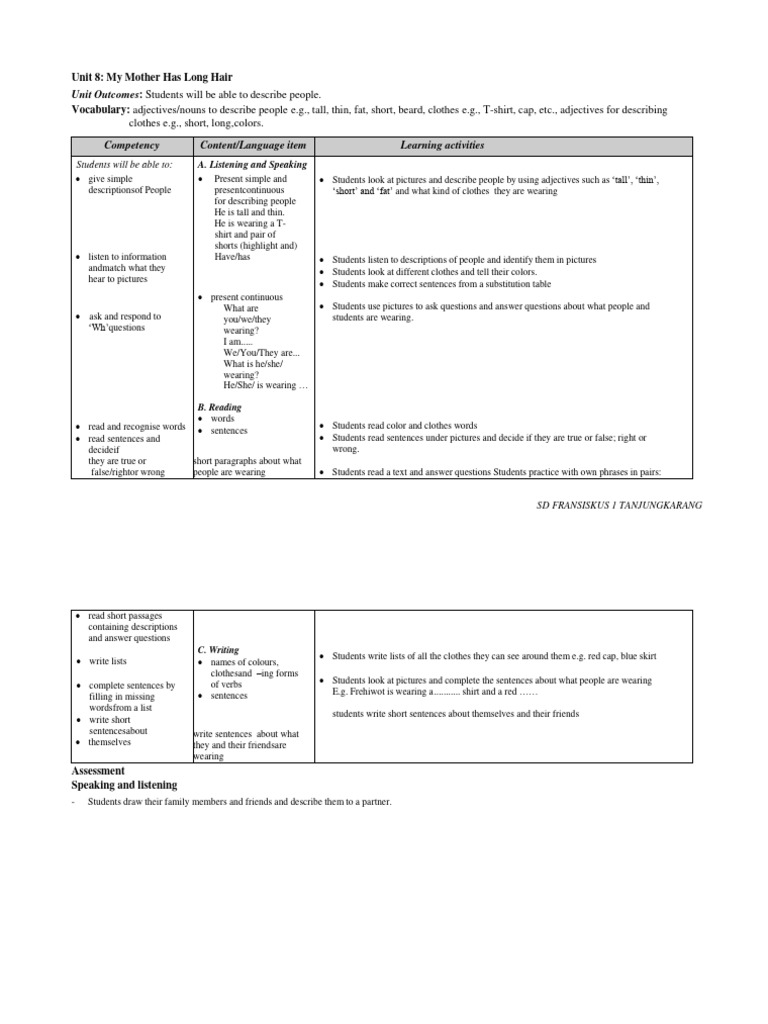 Unit 8 - My Mother Has A Long Hair | PDF