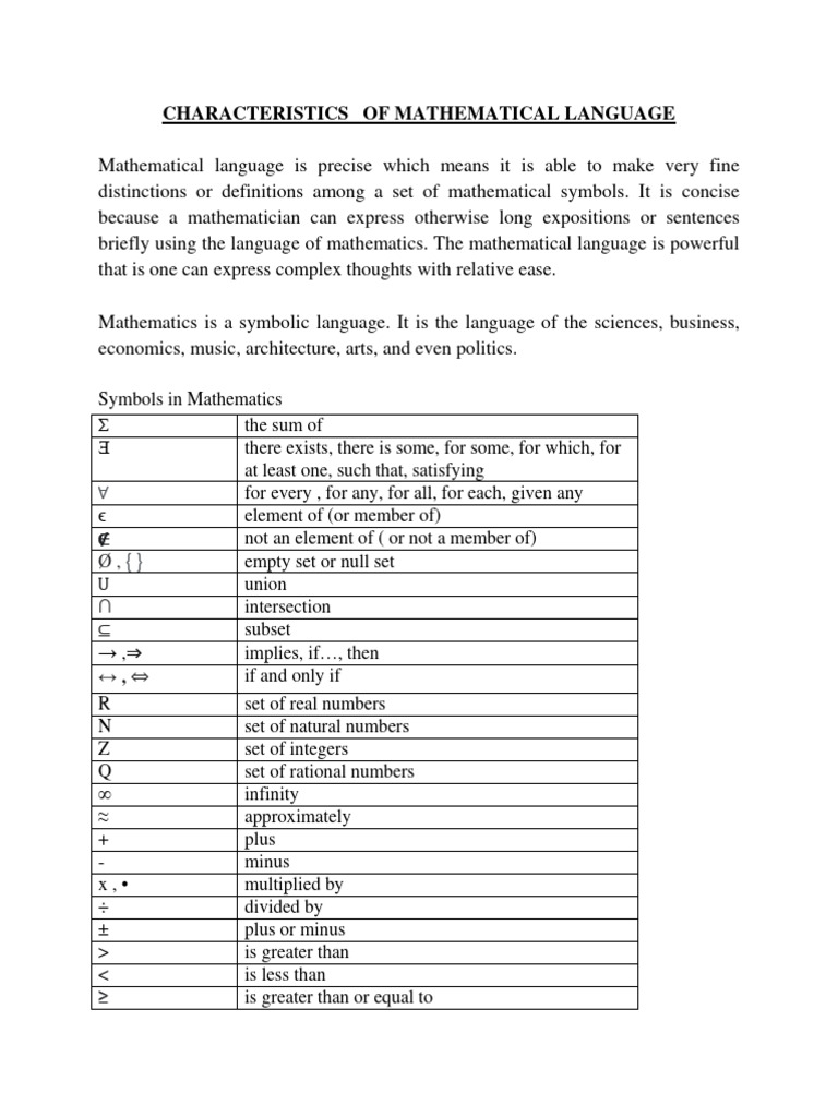 MMW - Topic2 - Characteristics of Mathematical Language | PDF