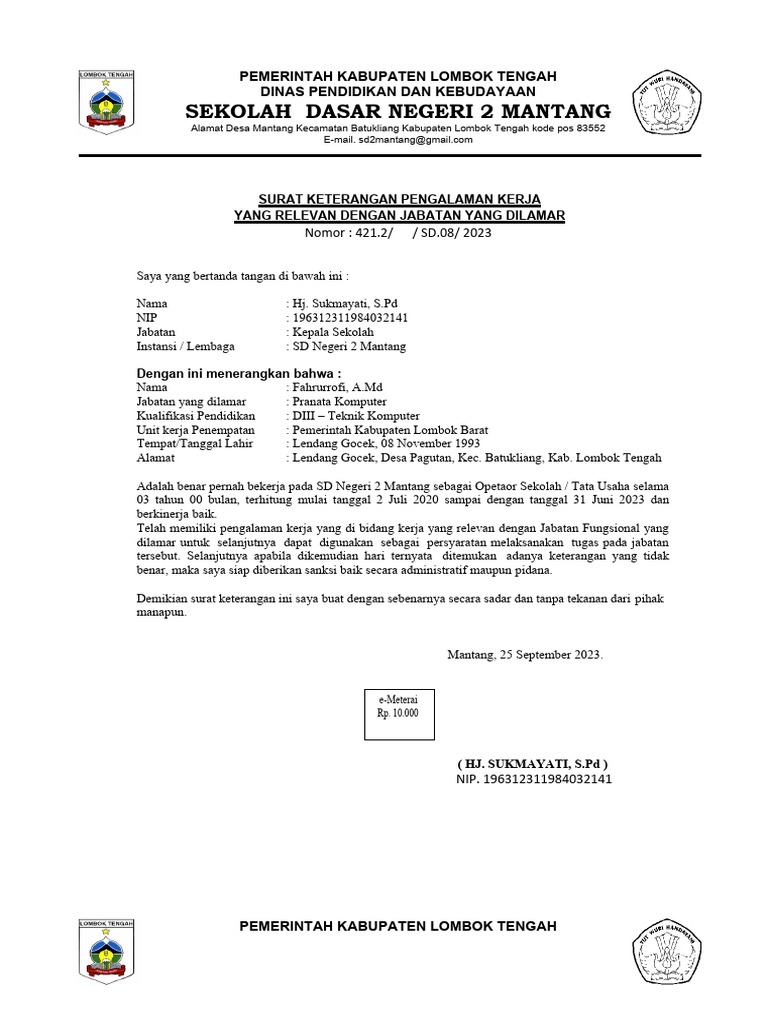 Surat Pengalam Kerja | PDF