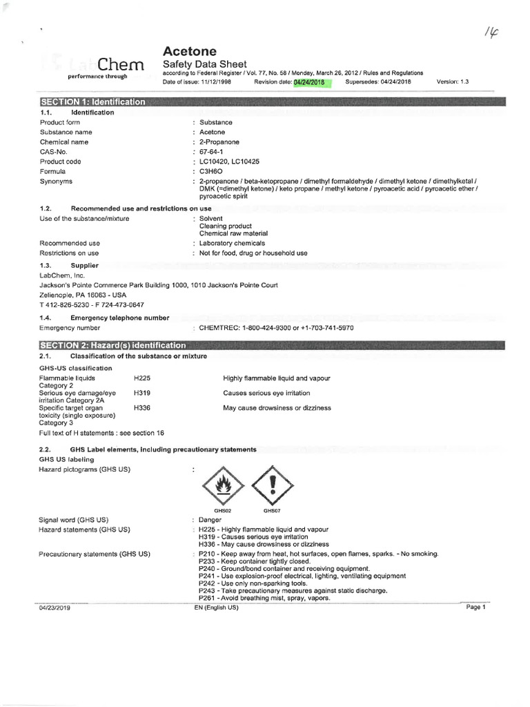 Acetone SDS | PDF