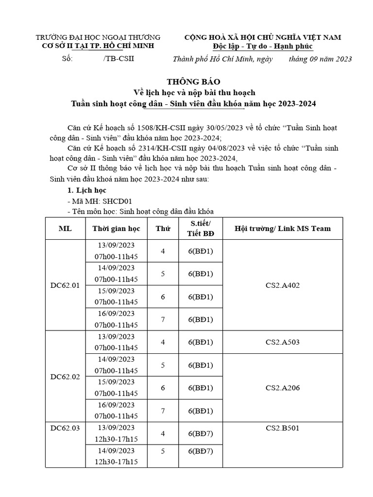 CSII.2758.08.9.2023 - Thông Báo Lịch Học, Nộp Bài Thu Hoạch Tuần SHCD-SV Đầu Khóa Năm Học 2023 ...