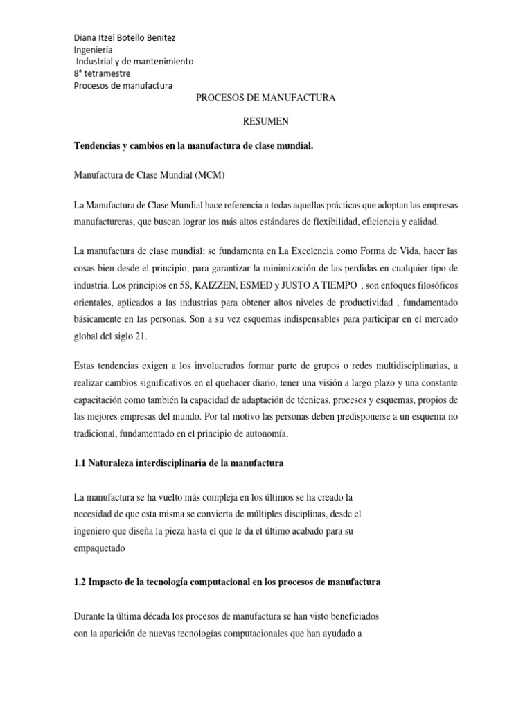 PROCESOS DE MANUFACTURA Resumen Semana 1 | PDF | Negocios