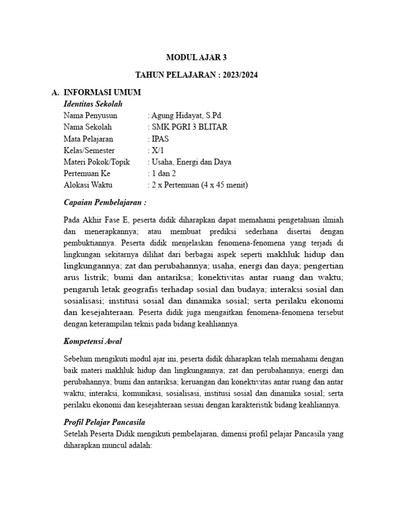 MODUL AJAR 3 IPAS KELAS X Usaha, Energi Dan Daya | PDF
