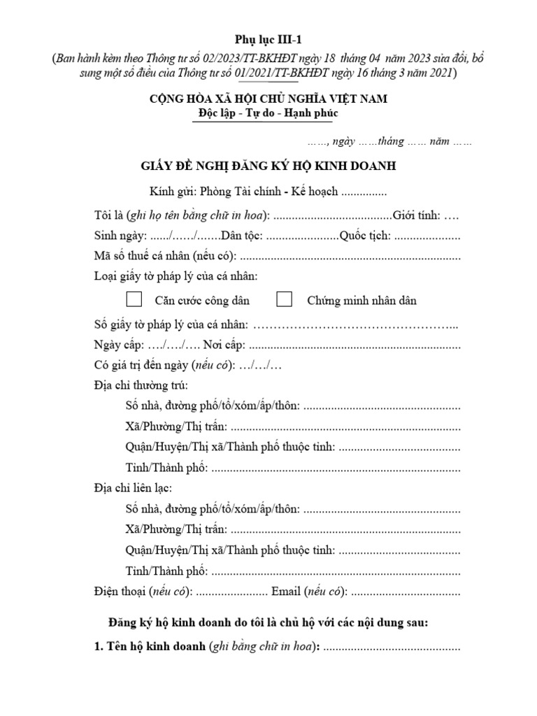 Mau Don DKKD Thong Tu 02 2023 | PDF