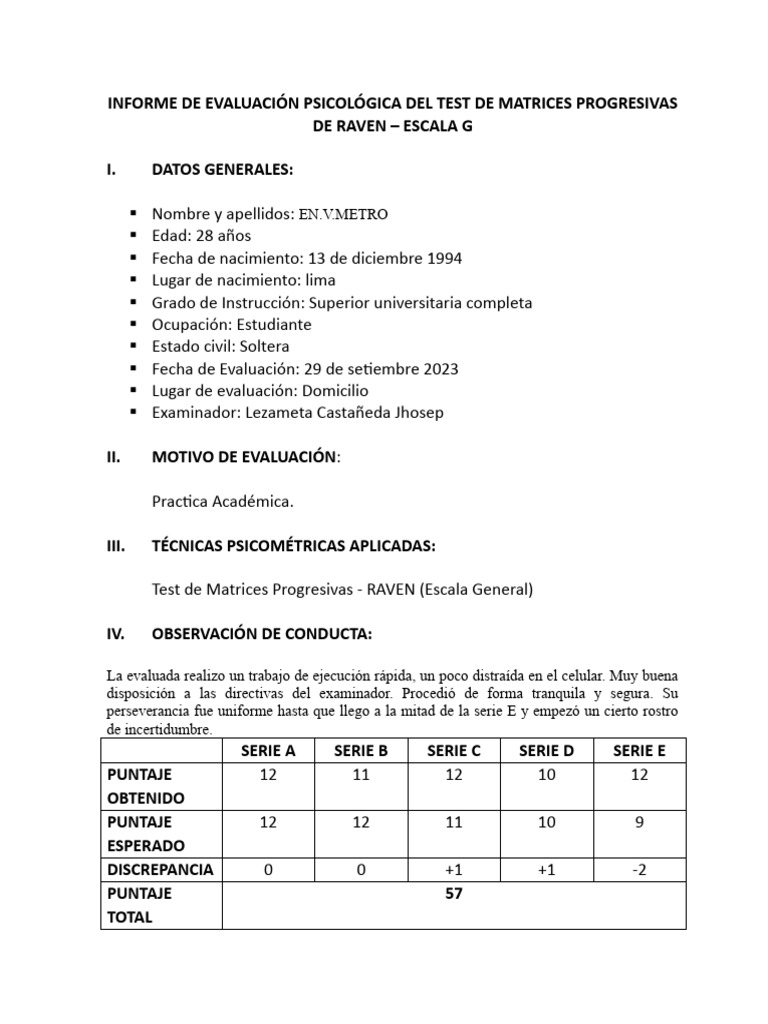 Informe del Test de Raven: Resultados y Análisis | PDF