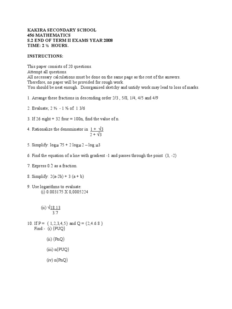 S2 Mathematics Term II Exam 2008 | PDF