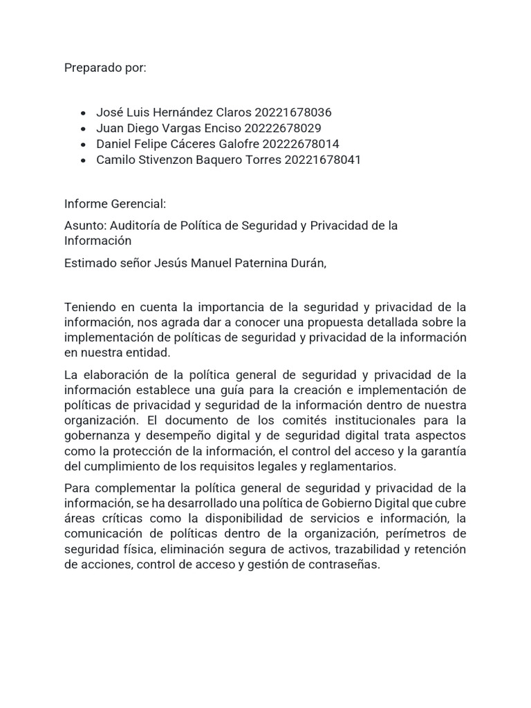 Informe Gerencial Políticas de Seguridad | PDF