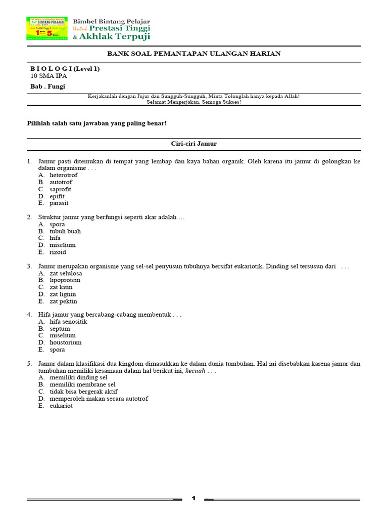 Bank Soal BIOLOGI - 10 SMA IPA - Bab - Fungi (LEVEL 1) (Layout) | PDF
