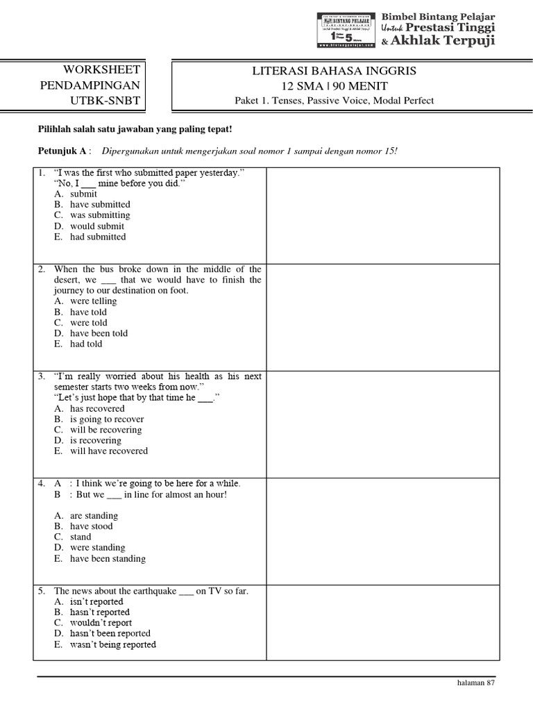 Worksheet Pendampingan - Literasi Bahasa Inggris - 12 SMA Paket 1 (Tenses, Passive Voice, Modal ...