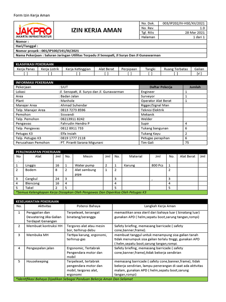 Form Izin Kerja Aman April | PDF