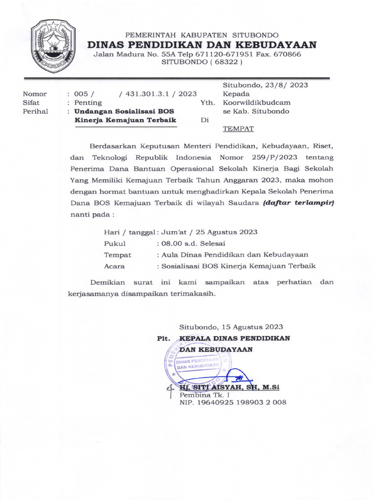 Undangan Sosialisasi BOS Kinerja Kemajuan Terbaik SD | PDF