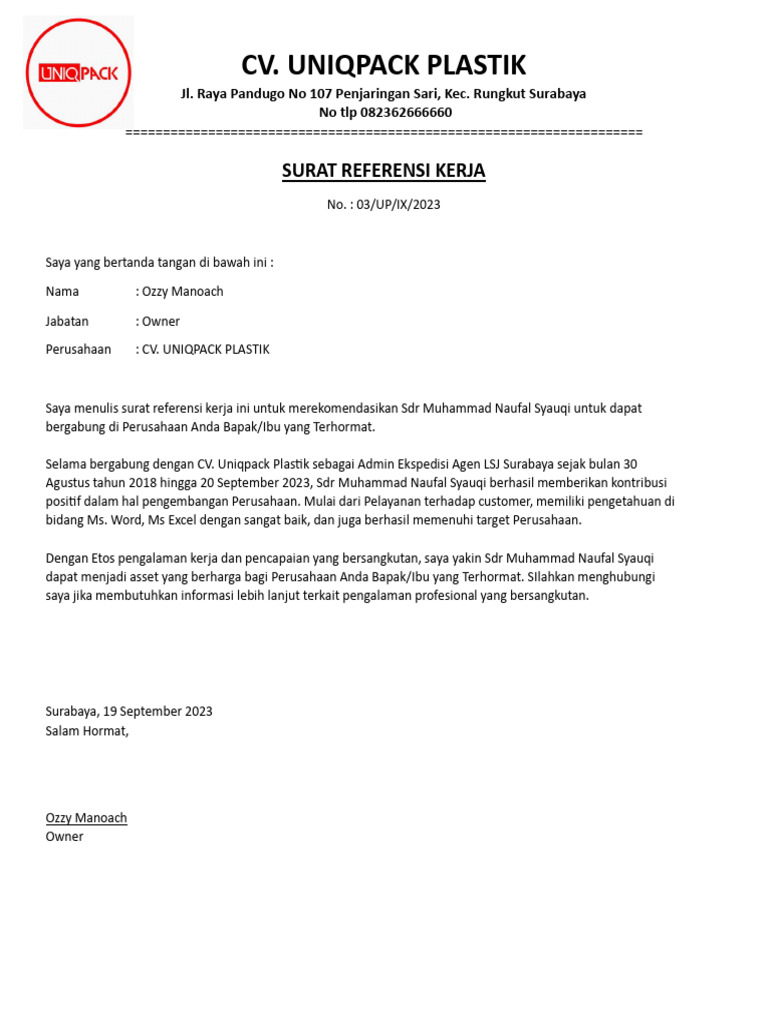 Surat Referensi Kerja | PDF