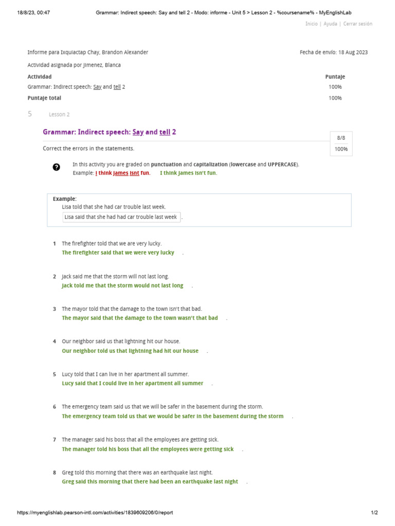 Grammar - Indirect Speech - Say and Tell 2 - Modo - Informe - Unit 5 ...