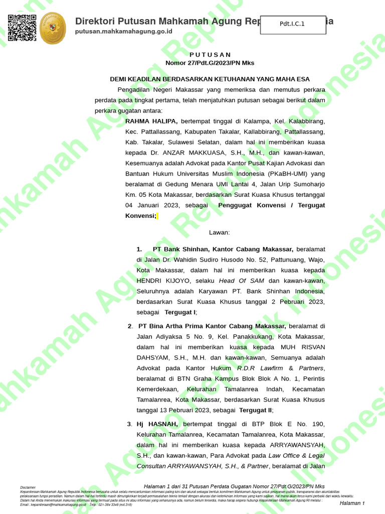 Putusan 27 PDT.G 2023 PN Mks 20230811113501 | PDF