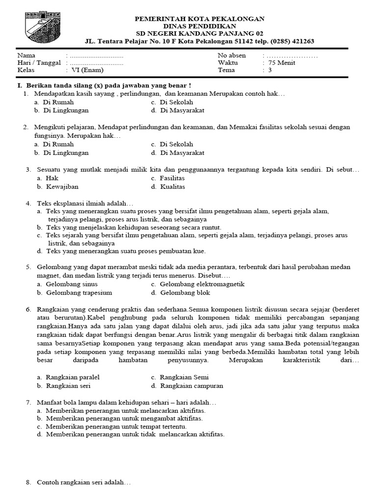Soal Ujian Tema 3 Kelas VI SD | PDF