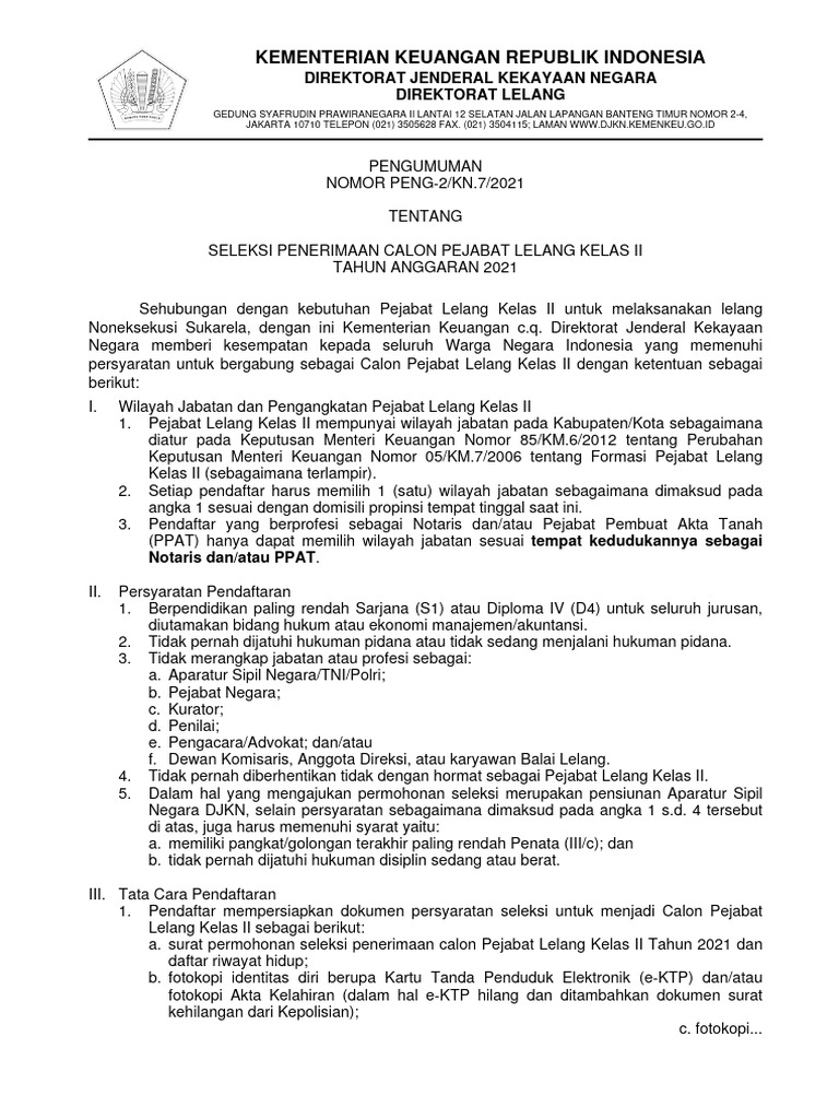PENG-2 Pengumuman Seleksi Penerimaan Pejabat Lelang Kelas II | PDF
