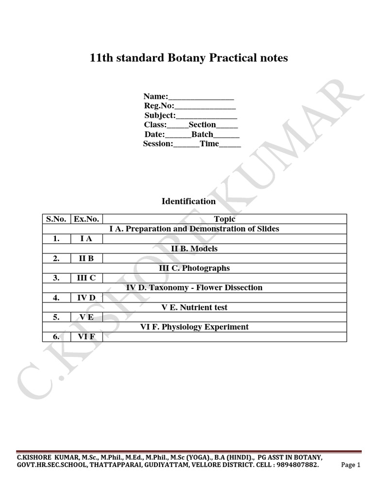 11th Botany EM Practical Notes | PDF