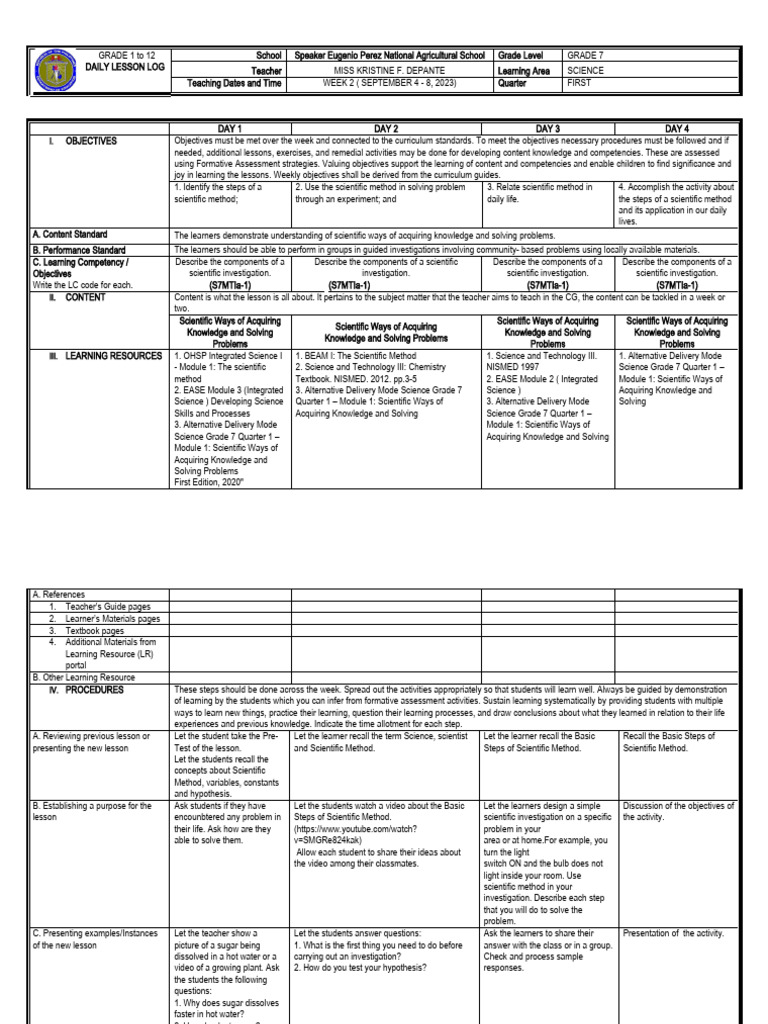 DLL-G7-Science-Q1-Week-2 - Sept 4-8 | PDF | Science & Mathematics