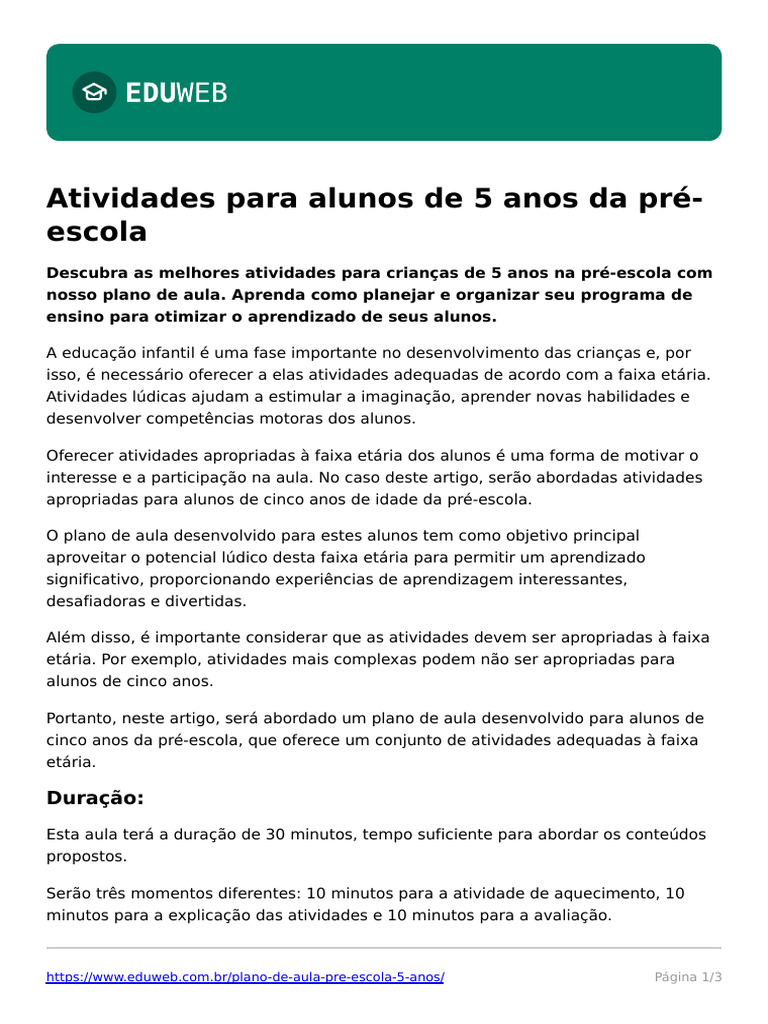 Plano de Aula Pre Escola 5 Anos | PDF