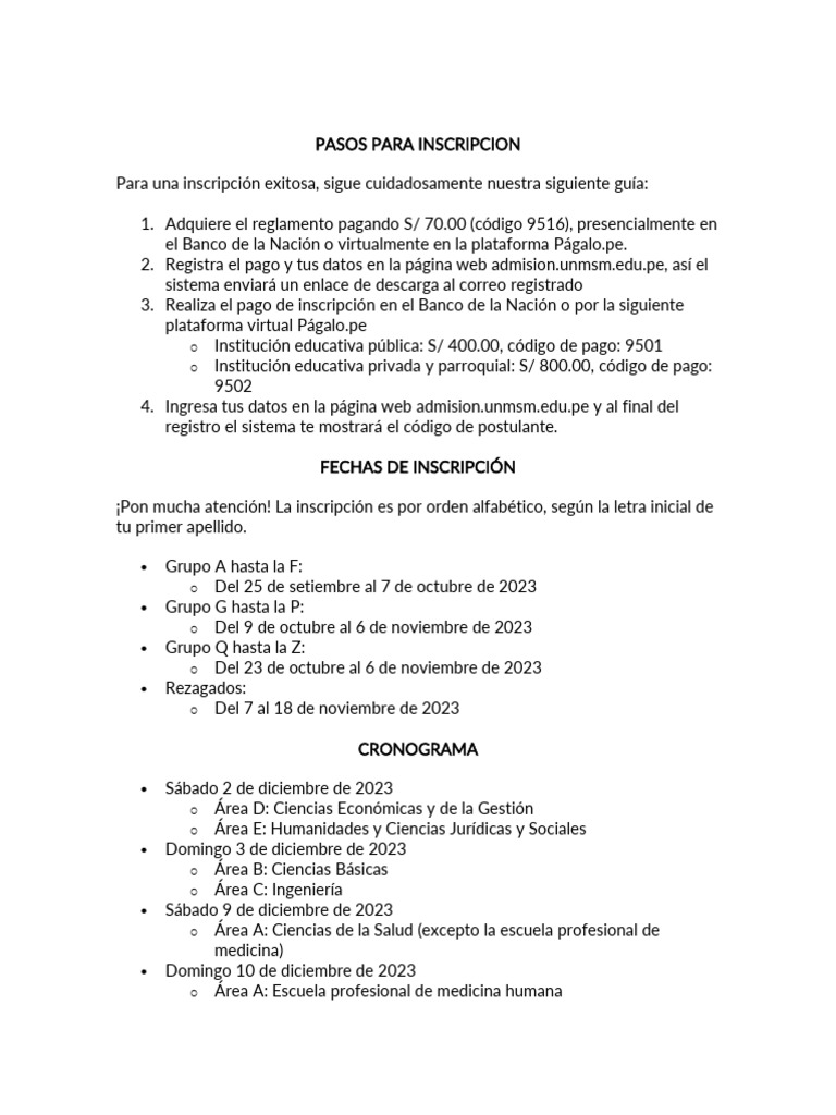 Pasos para Inscripcion - Admision Unmsm | PDF