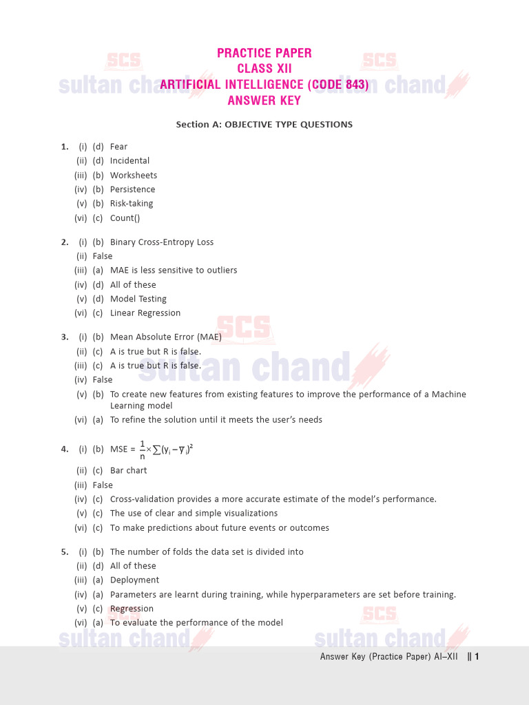 Answer Key of AI XII (Practice Paper) | PDF