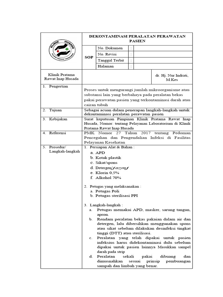 SOP DEKONTAMINASI PERALATAN PERAWATAN PASIEN | PDF