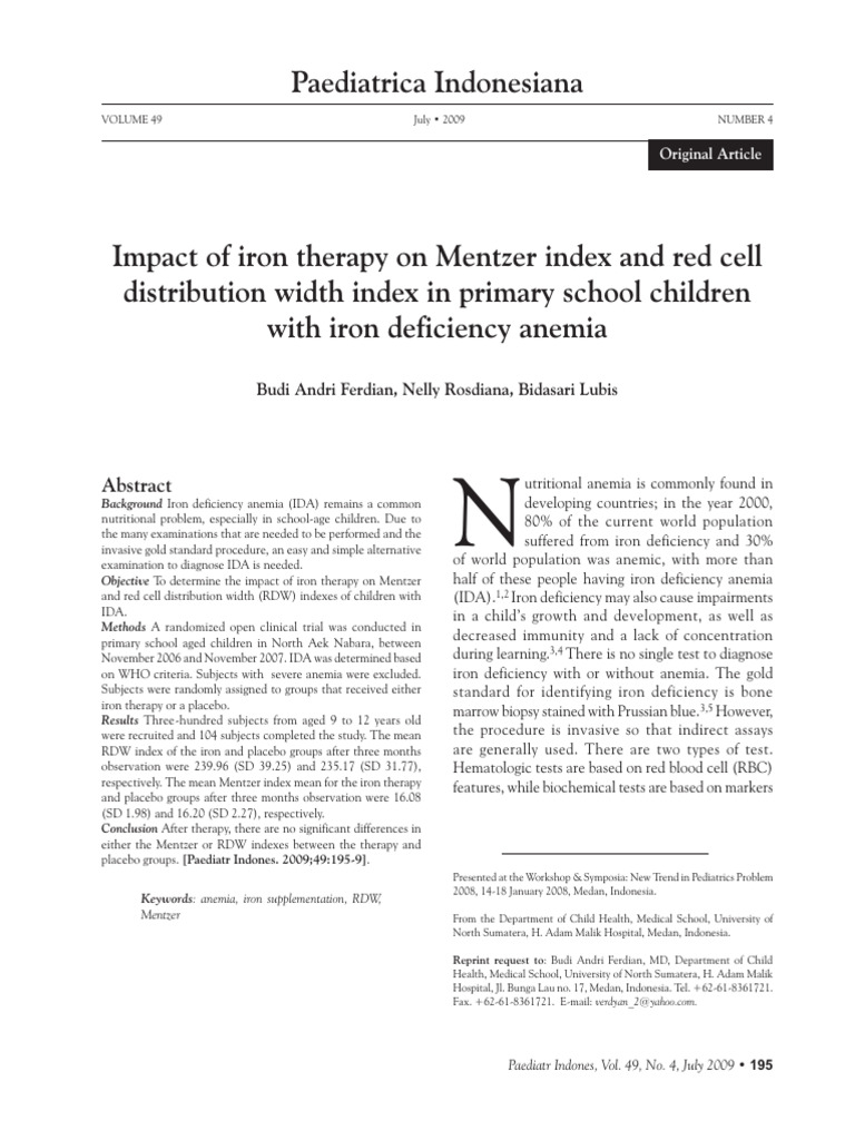 Impact of Iron Therapy On Mentzer Index and Red Cell Distribution Width ...