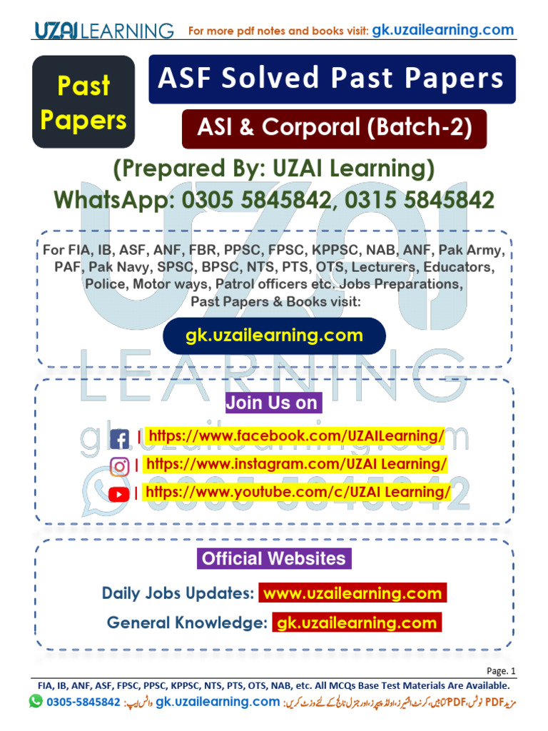 ASF ASI Corporal Solved Past Papers Batch-2, Prepared by UZAI Learning ... ASF ASI Corporal Solved Past Papers Batch-2, Prepared by UZAI Learning ...