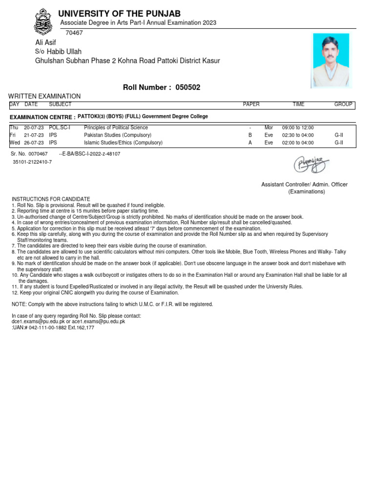 Roll Number:: Ali Asif Habib Ullah Ghulshan Subhan Phase 2 Kohna Road ...