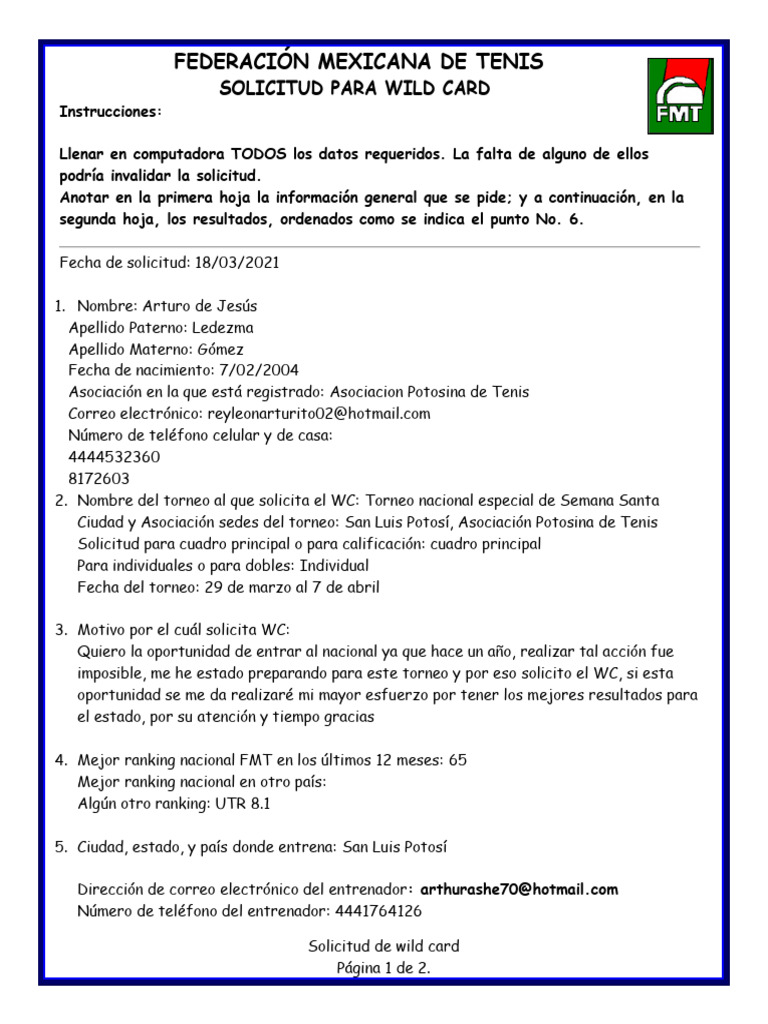 Formato para Solicitud de Wild Card Torneos Nacionales | PDF