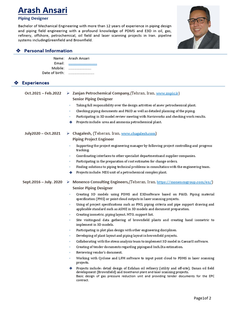 Arash Ansari: Senior Piping Designer Resume | PDF | Art | Technology & Engineering