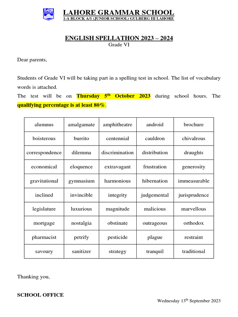 English Spellathon Round I Grade Vi 2023-2024 (13!9!23) | PDF