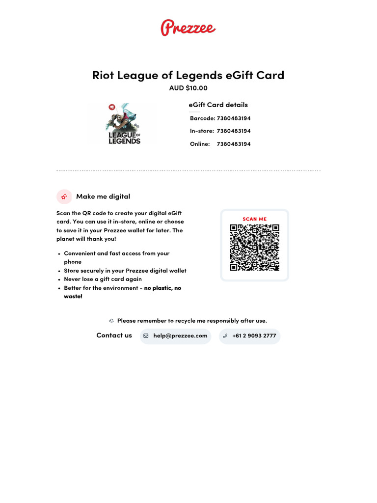 Riot League of Legends AUD $10.00 Egift Card (1516eb52) | PDF | Games ...