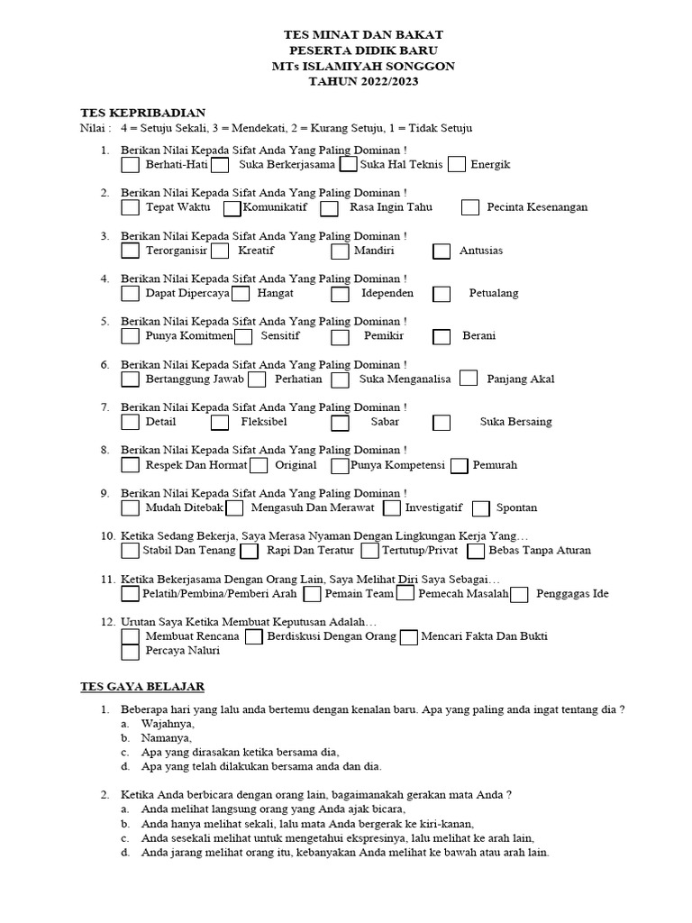 soal tes minat bakat | PDF