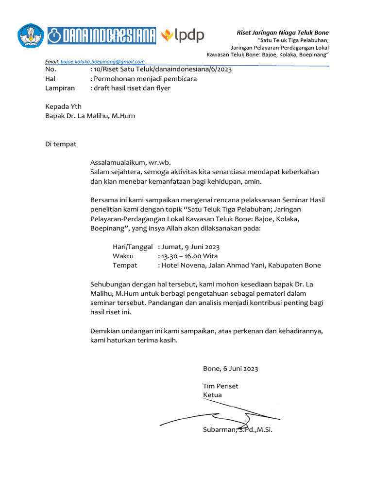 Undangan Pemateri Pak Lam Seminar Teluk Bone | PDF | Ilmu Sosial ...
