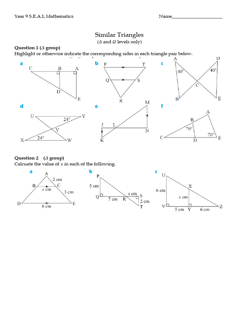 9MAS Similar Triangles Exercise | PDF