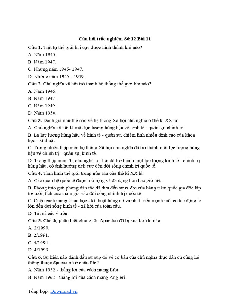 Trac Nghiem Lich Su 12 Bai 11 | PDF